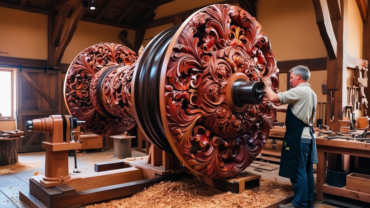 Work Wooden Lathe Art || Woodturning, Process Carving A Giant Redwood ...