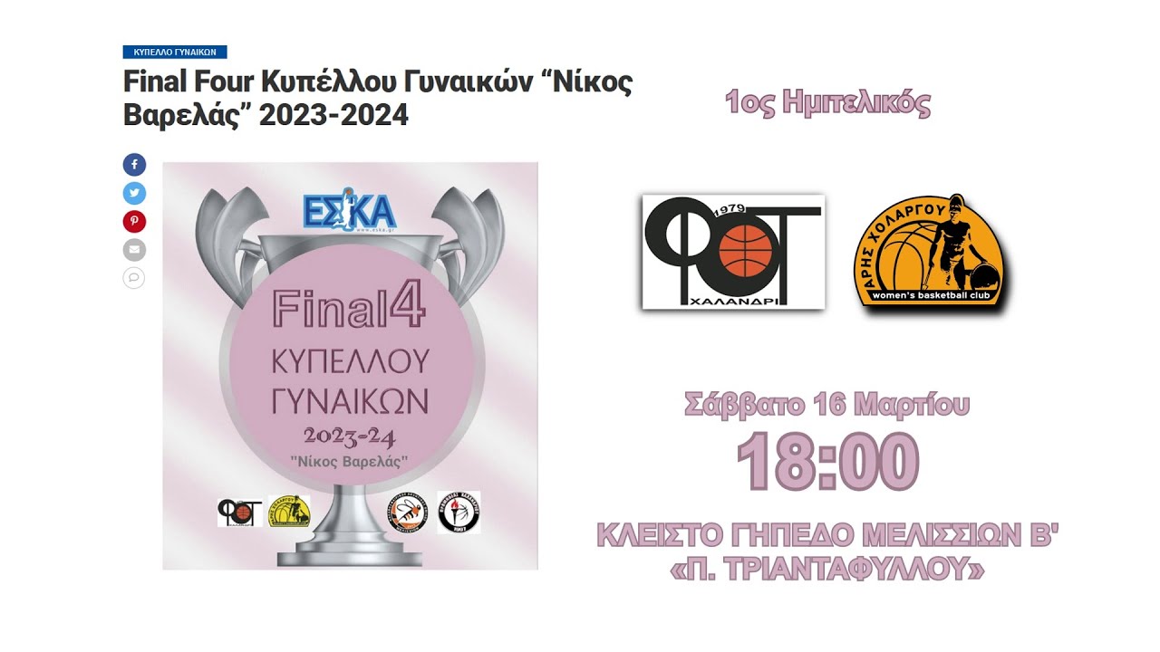 ΕΣΚΑ 2023-24: Final Four Κυπέλλου Γυναικών “Νίκος Βαρελάς” - 1ος ...