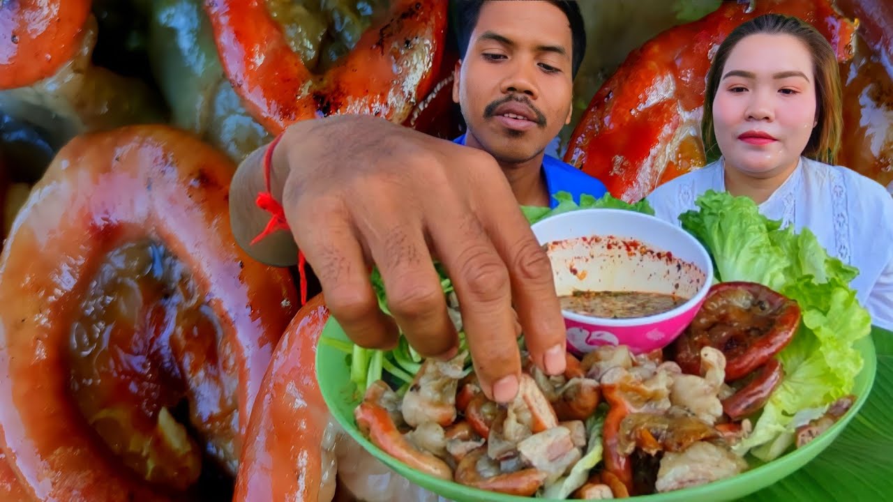 ใส้อ่อนย่าง น้ำจิ้มแจ่วเผ็ดๆ กินแบบบ้านๆ | Chhuny Nuch - YouTube