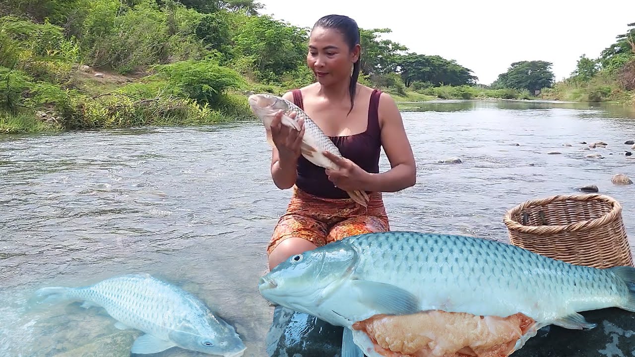 Found big fish in river for food - Cooking big fish with chili sauce ...