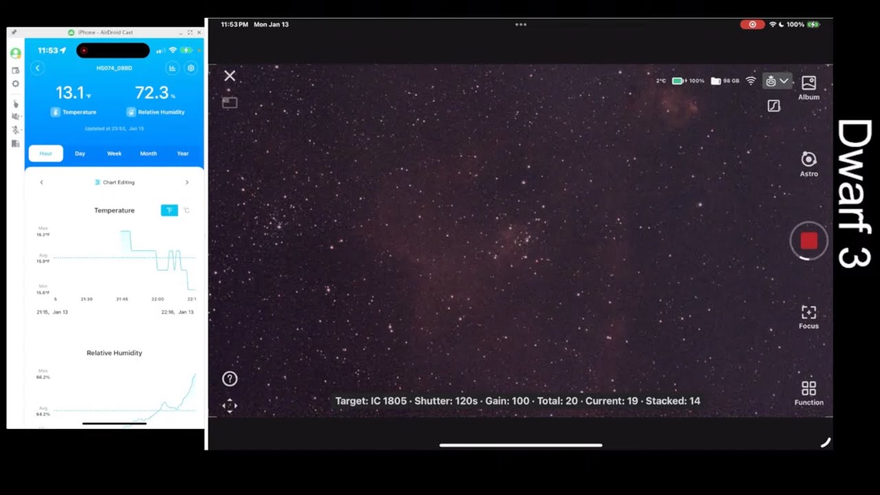 Trying 120 s exposure with Dwarf 3 In Eq Mode in freezing conditions 1 ...