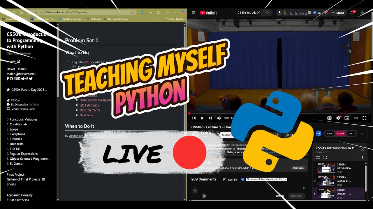 Teaching Myself Python LIVE 🔴- Tag Along And Learn With Me | Harvard CS50X | 03-04-2025 - YouTube