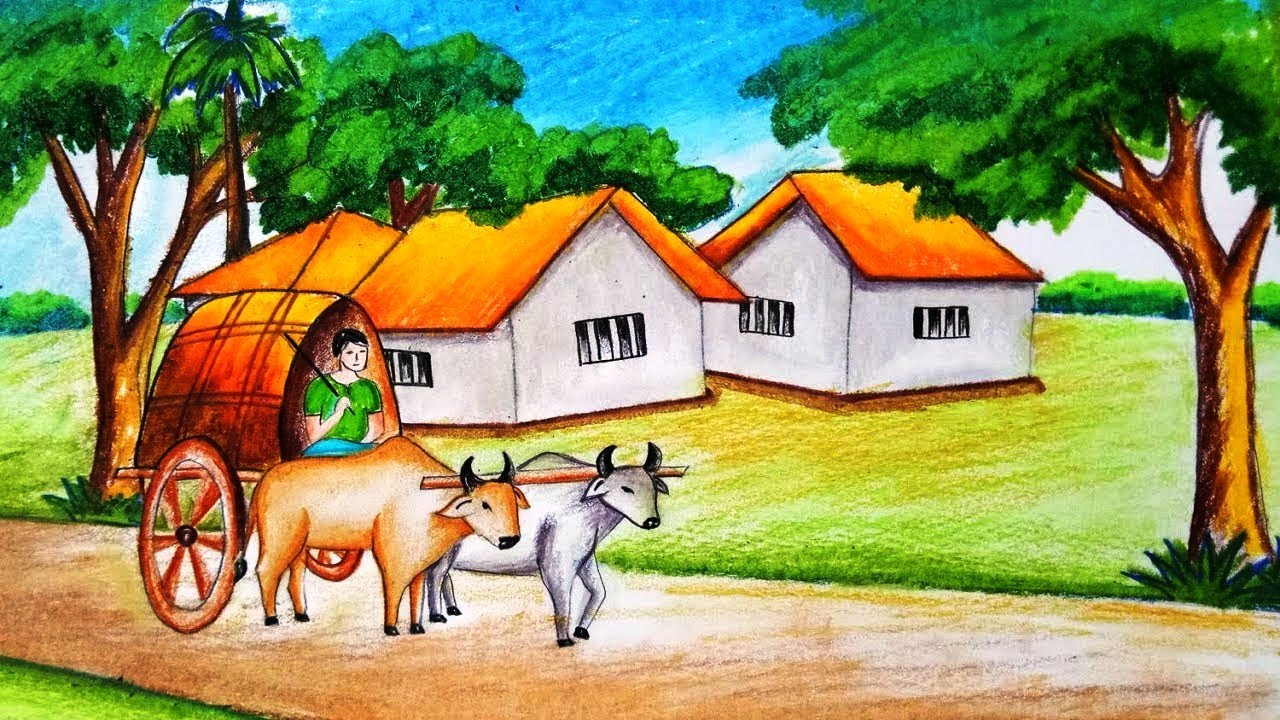 Village Scenery Drawing With Bullock Cart | Scenery Drawing For ...