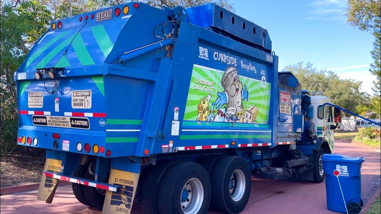 St. Petersburg Blue and Beige Pete Heil 7000 Side Loader Garbage Trucks ...