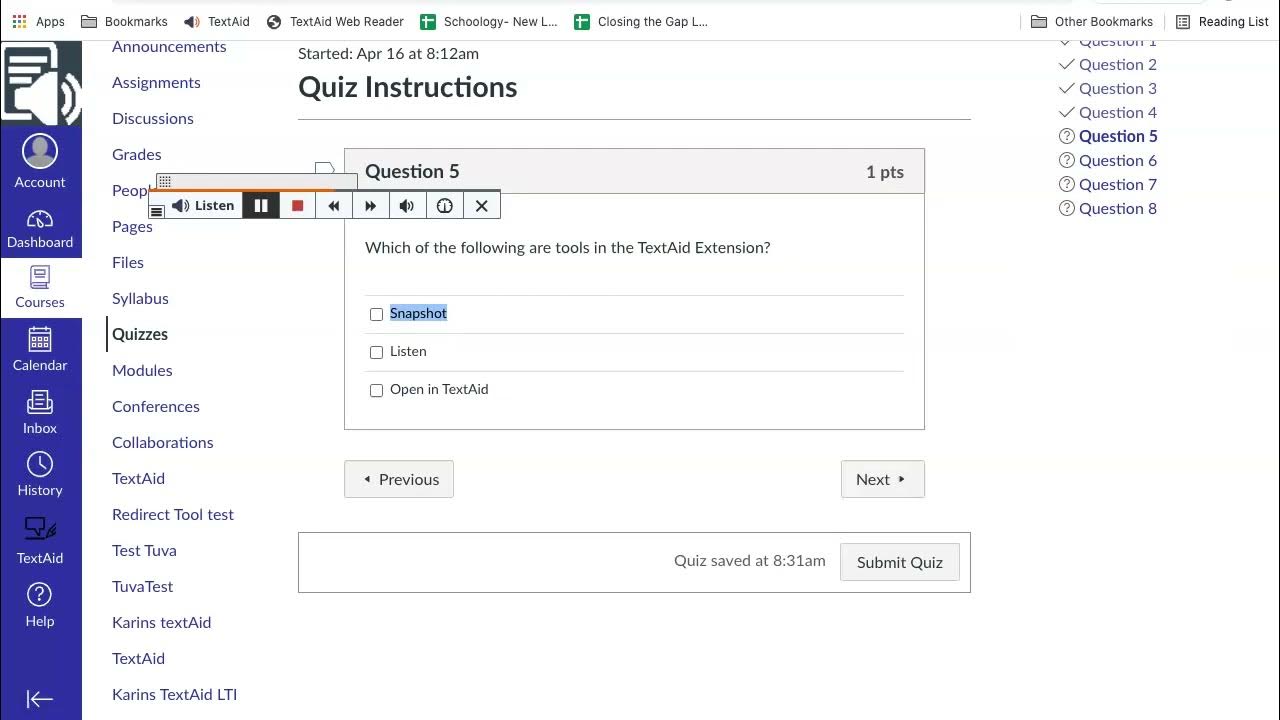 Using ReadSpeaker to Read Canvas Multi-select (Multiple Answers) Quiz Questions - YouTube