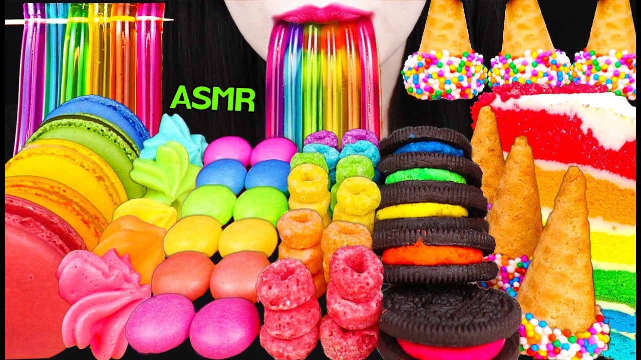 ASMR RAINBOW FOODS *UNICORN HORNS, JELLY NOODLES, OREO COOKIES 레인보우 뿔 ...