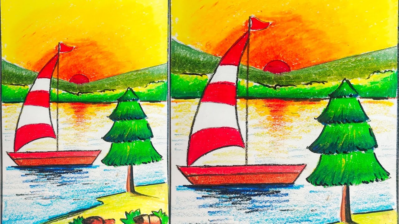 easy landscape drawing scenery/sunrise scenery drawing/how to draw ...