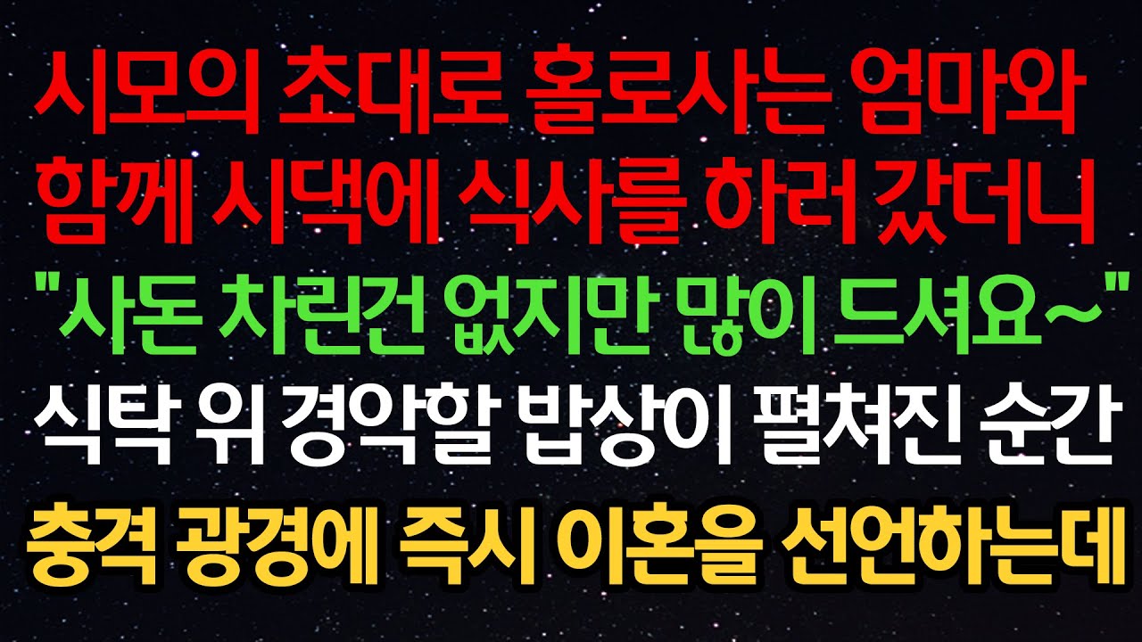 실화사연 시모의 초대로 홀로사는 엄마와 함께 시댁에 식사를 하러 갔더니 사돈 차린건 없지만 많이 드셔요 식탁 위 경악할 밥상이 펼쳐진 순간 충격 광경에 즉시 이혼을