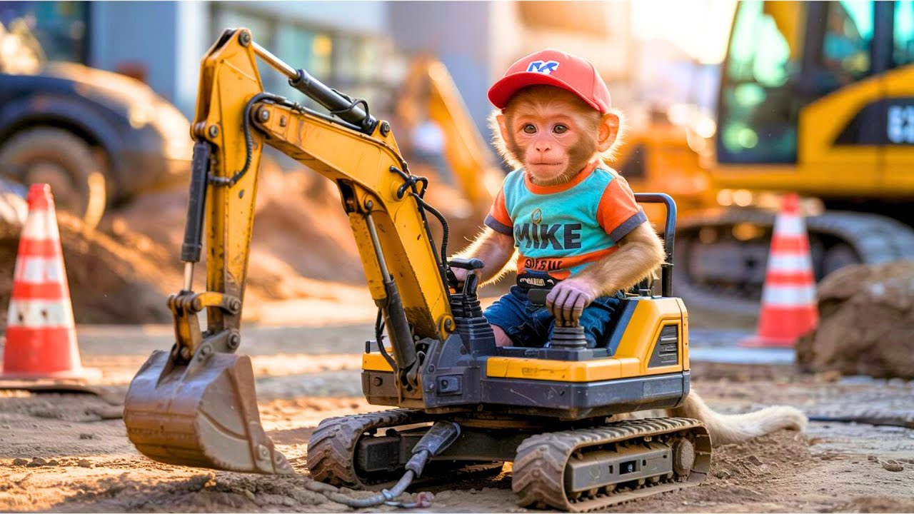 Baby Monkey Mike Drives Excavator Better Than Most Adults - YouTube