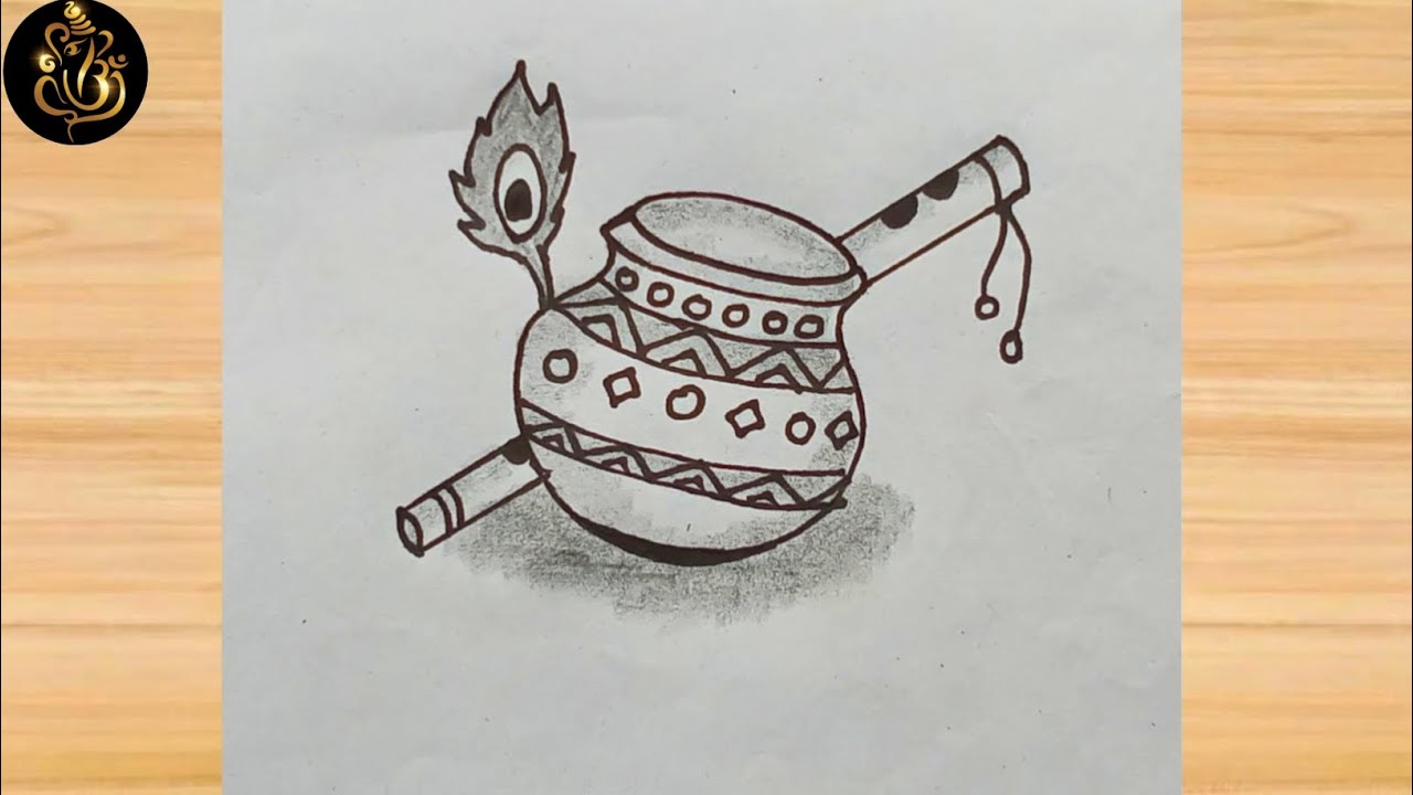 Janmashtami special Drawing || Dahi handi with Bansuri drawing ...