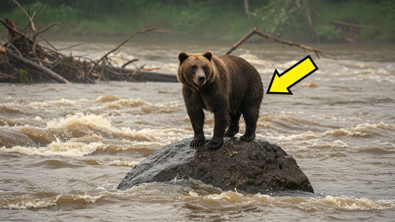 Terrified Grizzly Bear Perched on Rock in Middle of Raging River — Then ...