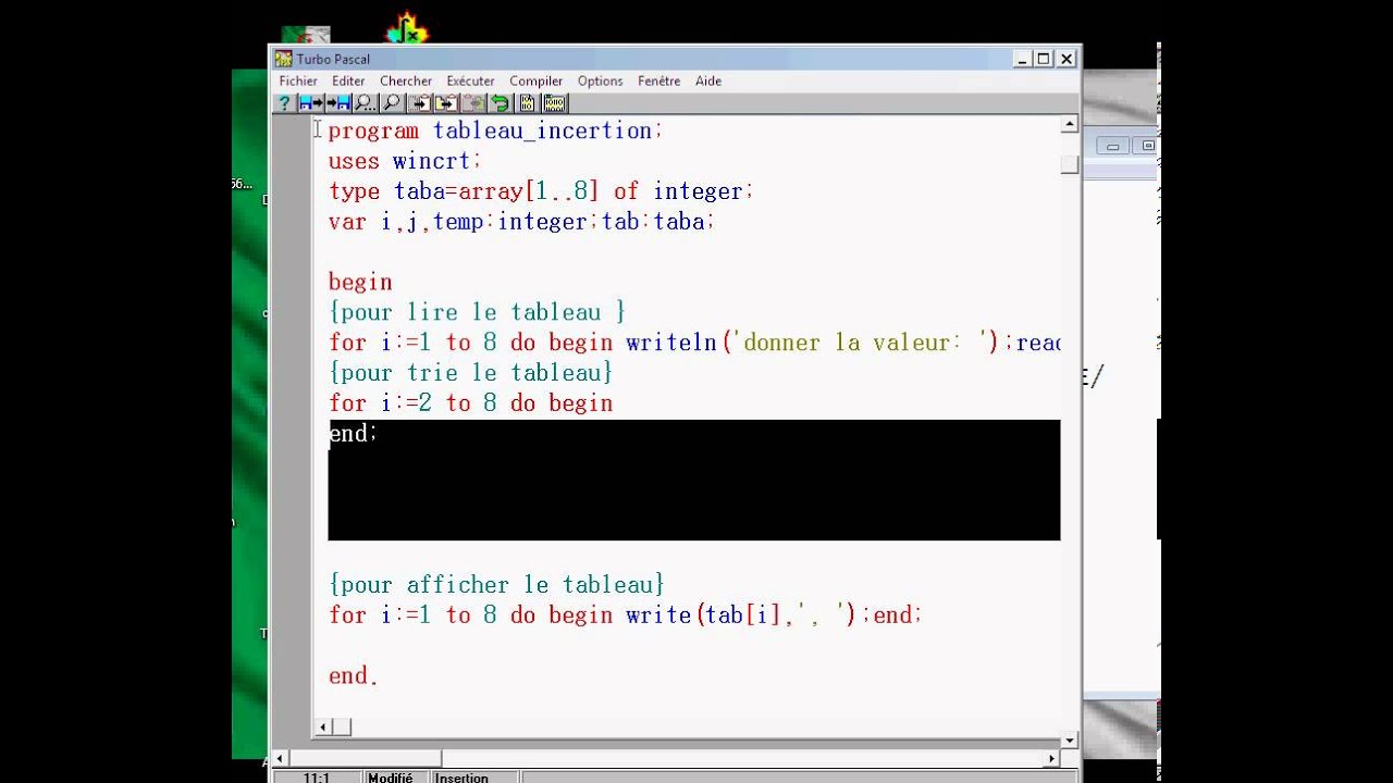 ترتيب جدول بالباسكال trié un tableau en pascal par insertion - YouTube