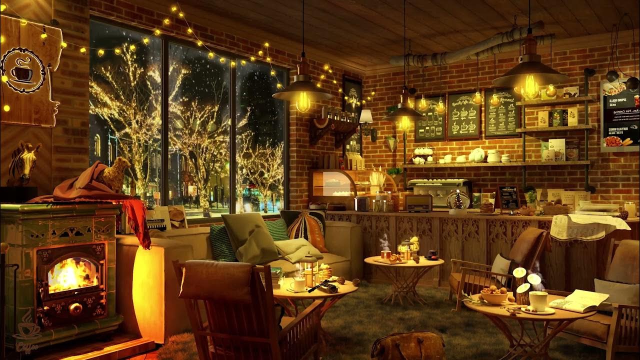 Winter Coffee Shop Bookstore Ambience 4K at Snowfall Night with Smooth ...