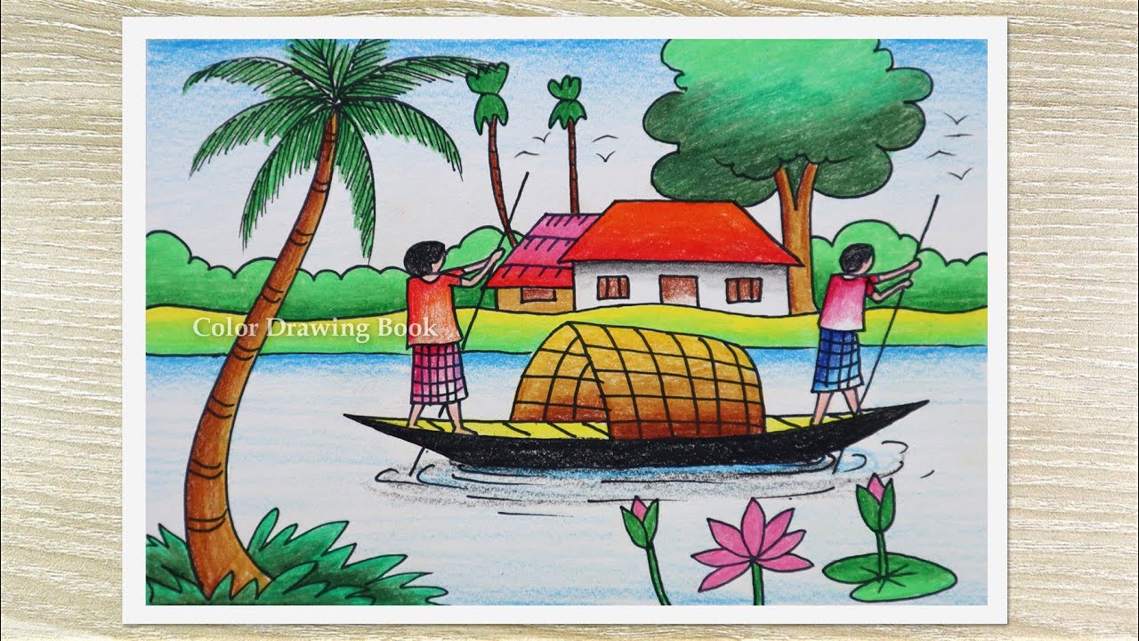 My village drawing easy and beautiful, Landscape village scenery ...