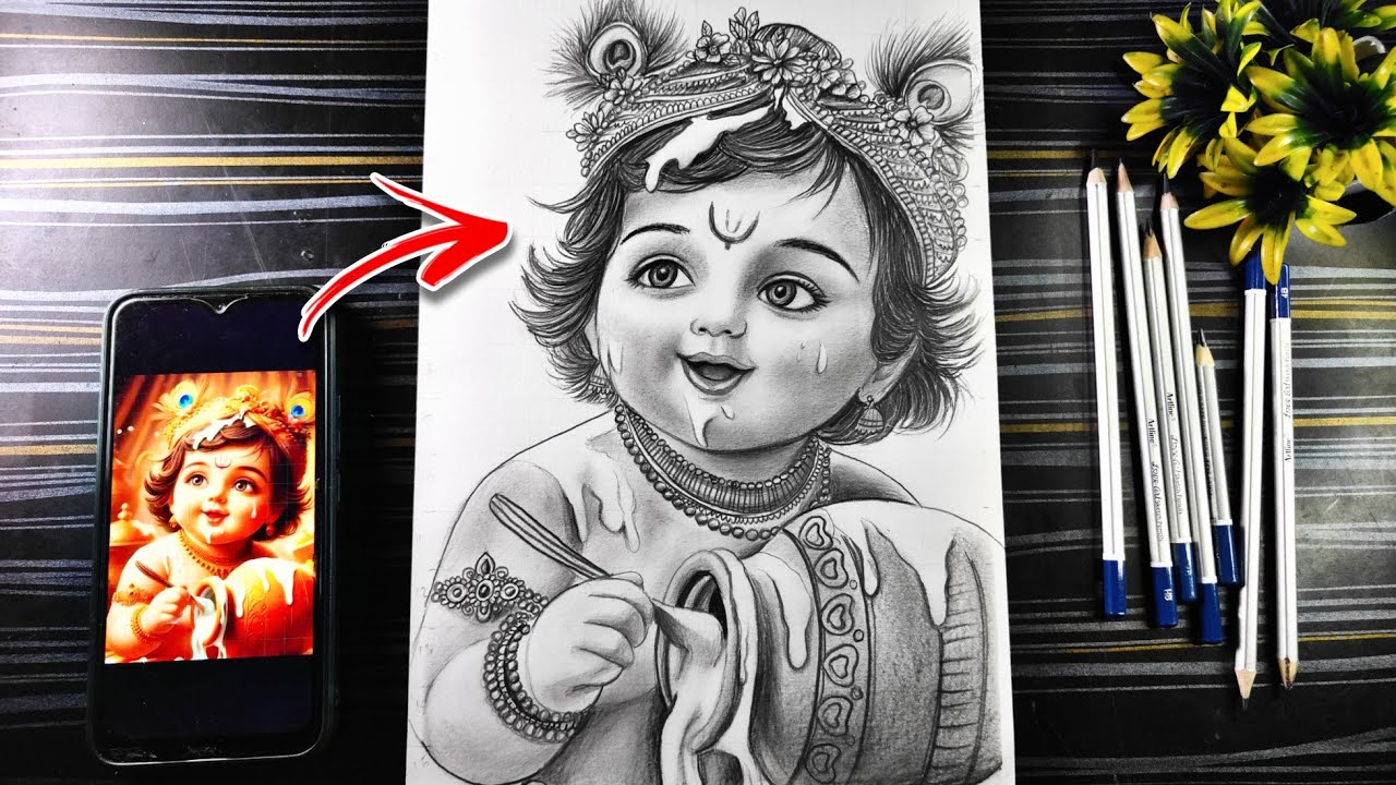 Janmastami Little krishna Drawing, Pencil shading Tutorial, Bal Gopal ...