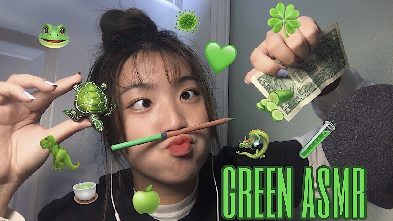 green asmr💚 | tapping scratching crinkling eating sounds with green ...