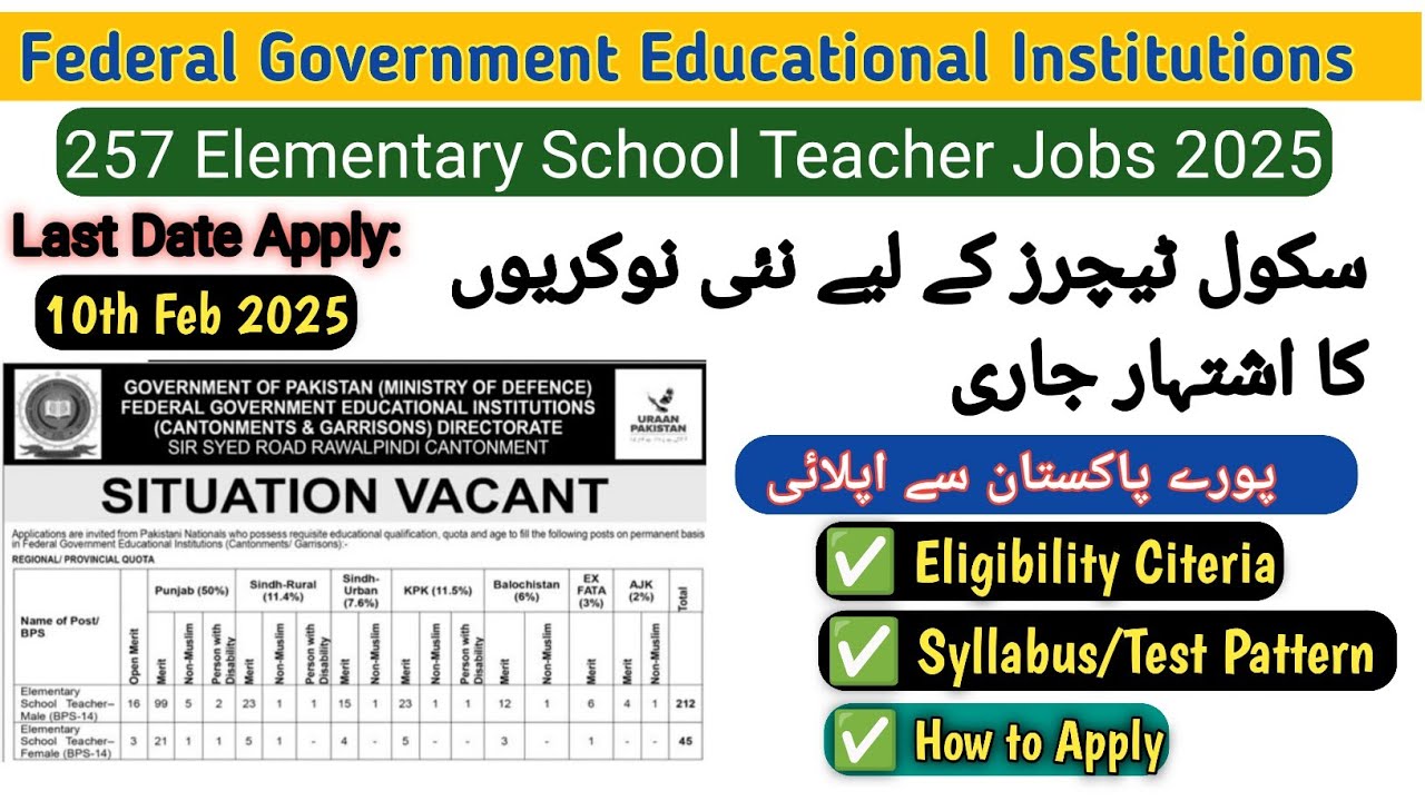 257-FGEI Elementary School Male & Female Teacher Jobs Announced ...