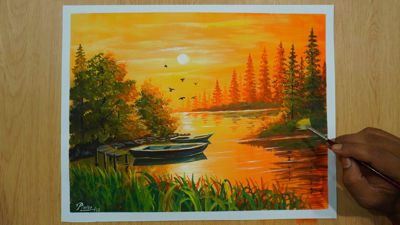 Beautiful sunset scenery painting with poster colour - YouTube