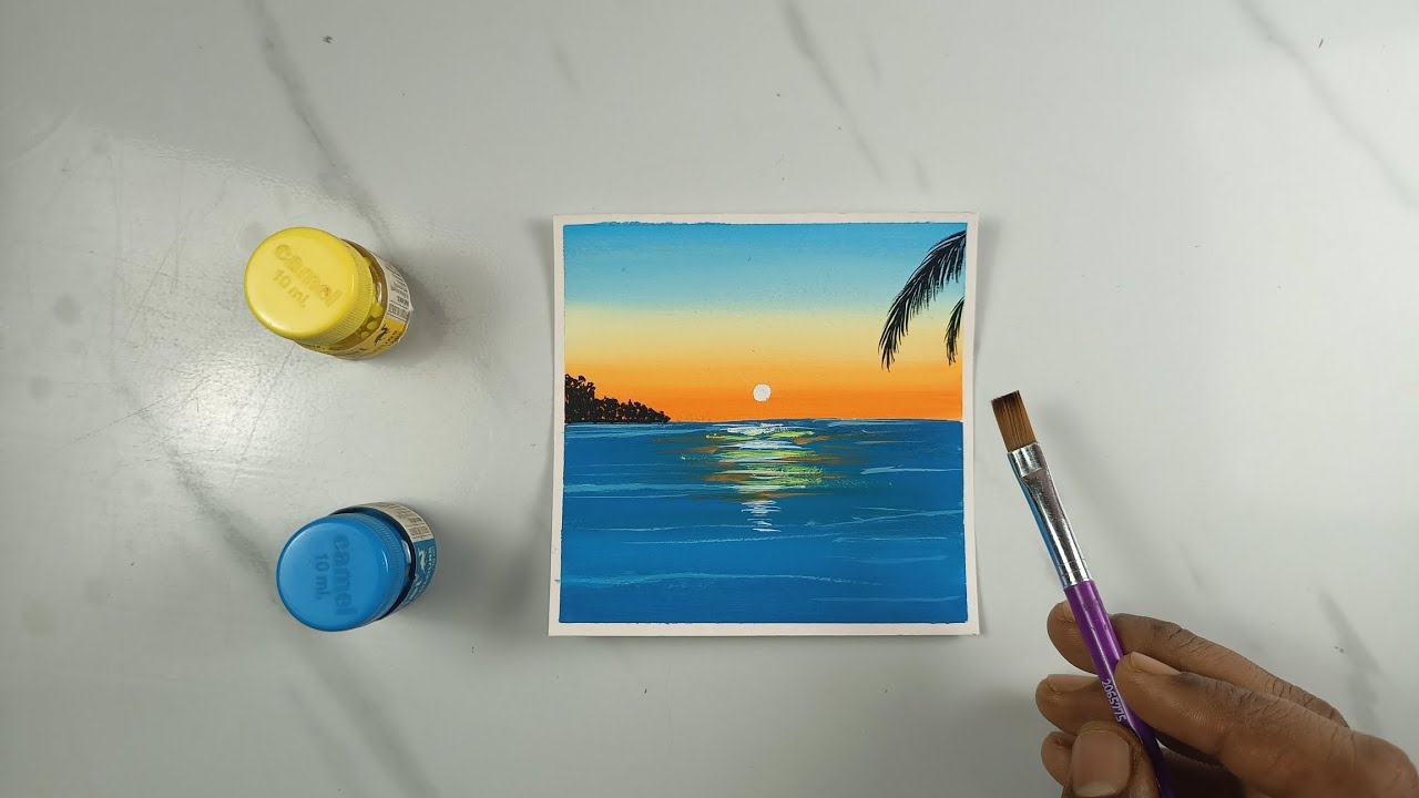 Simple Sea Sunset Painting|Poster Colour Painting For Beginners|step by ...