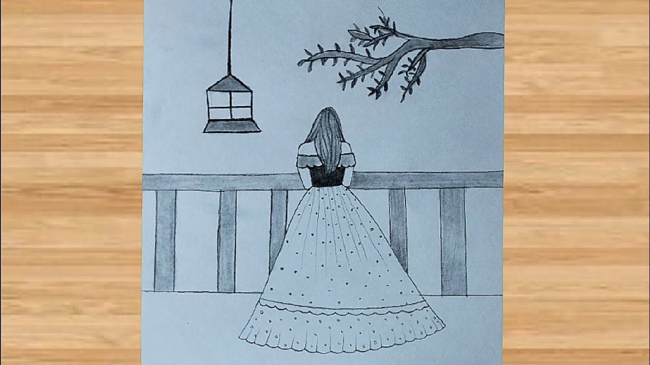 Simple Scenery Drawing Easy | How To Draw A Girl On Balcony | Pencil ...