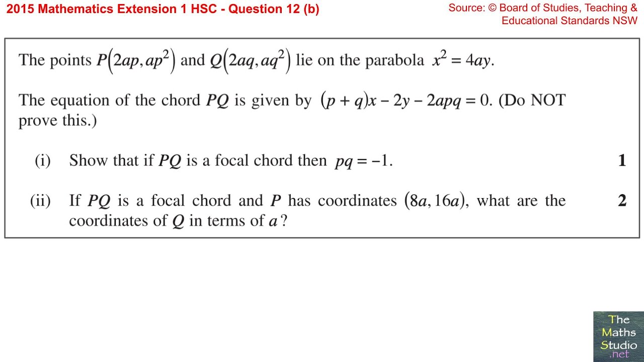 2015 Maths Extension 1 HSC Q12b Solve problem involving parametric form ...