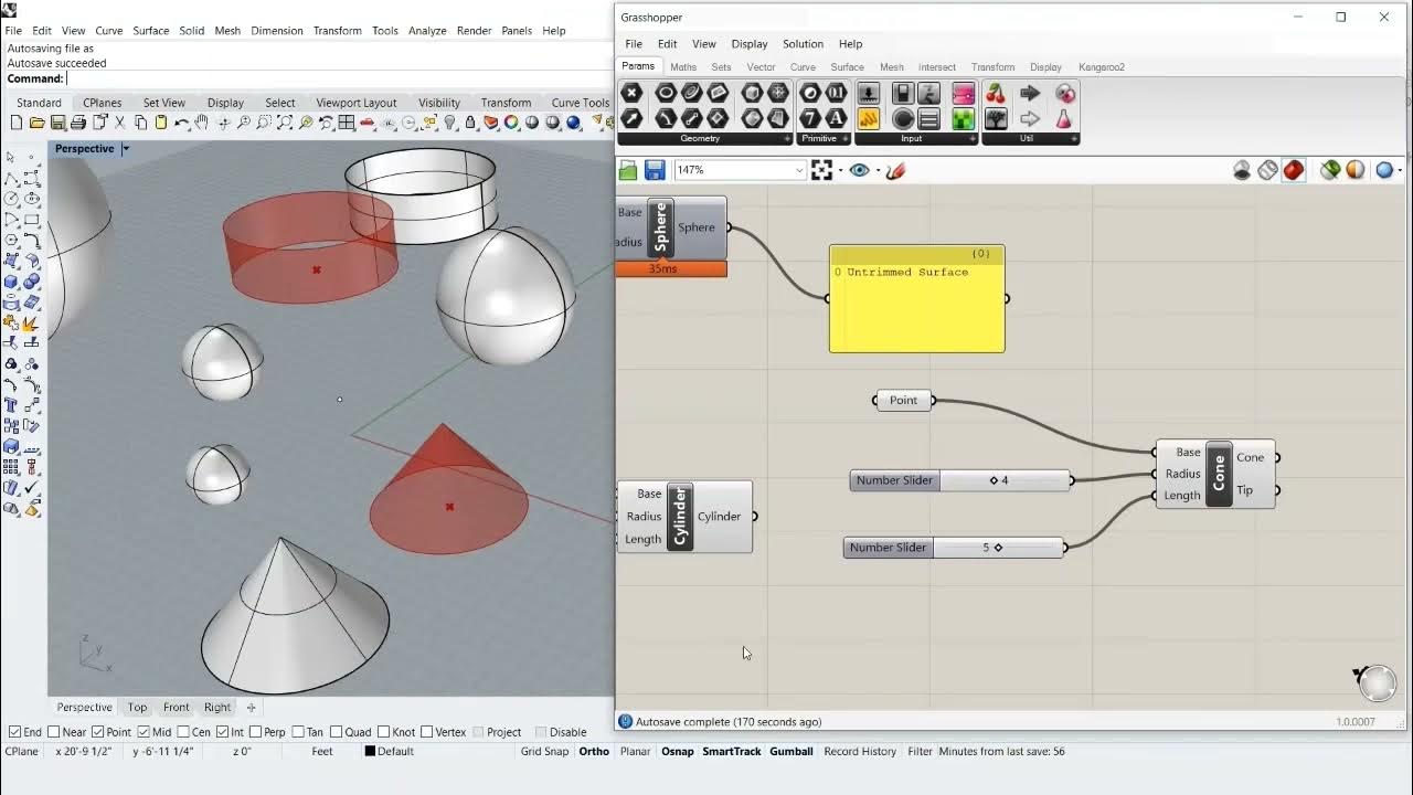 Rhino Grasshopper Beginner - Introduction 3 - Creating 3d objects - Cylinder, Cone, Box - YouTube