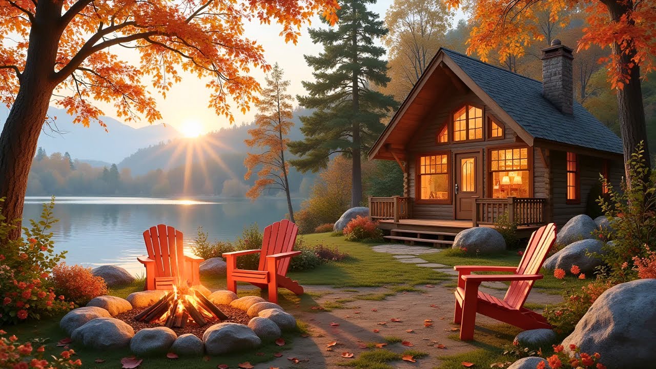 Cozy Autumn Cabin by the Lake: Crackling Fire and Gentle Nature Sounds ...