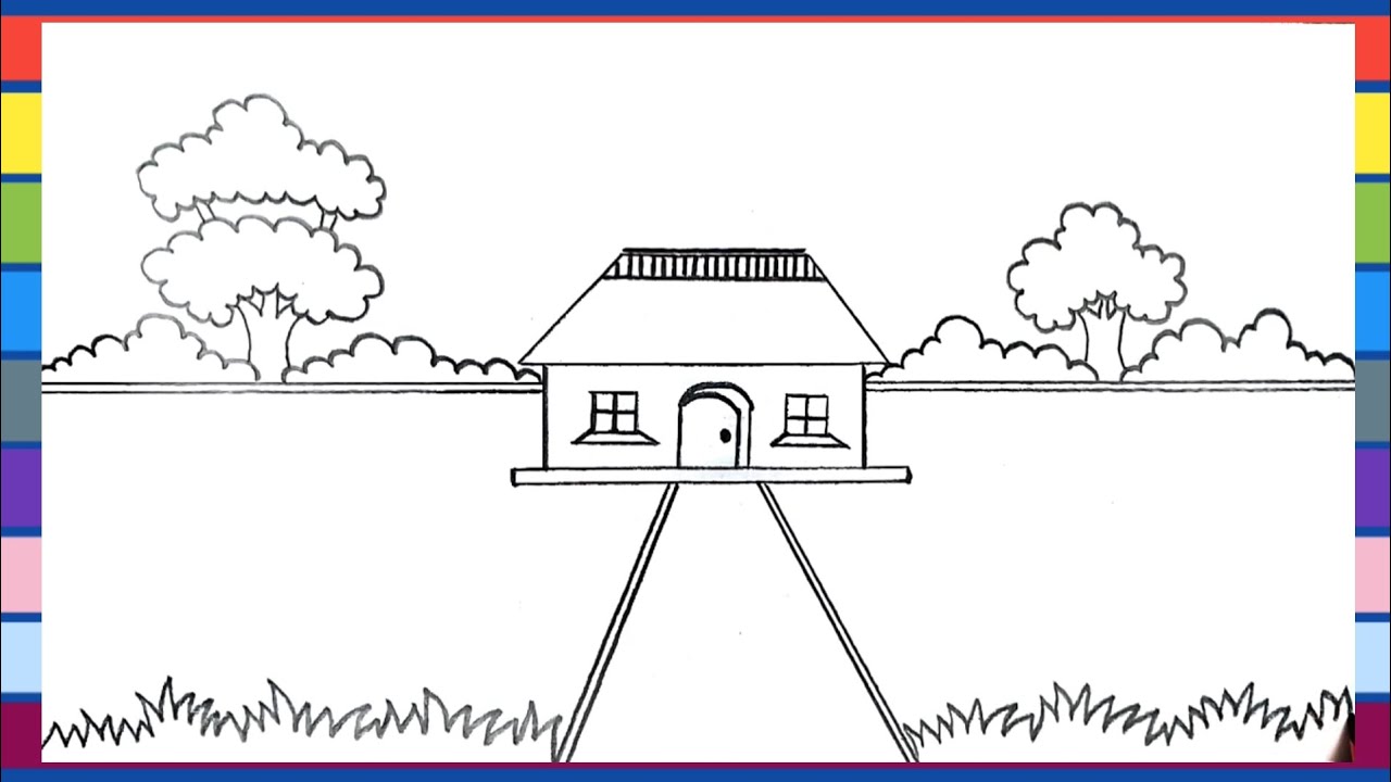 Gramin Drishya | Natural scenery drawing tutorial step by step - YouTube