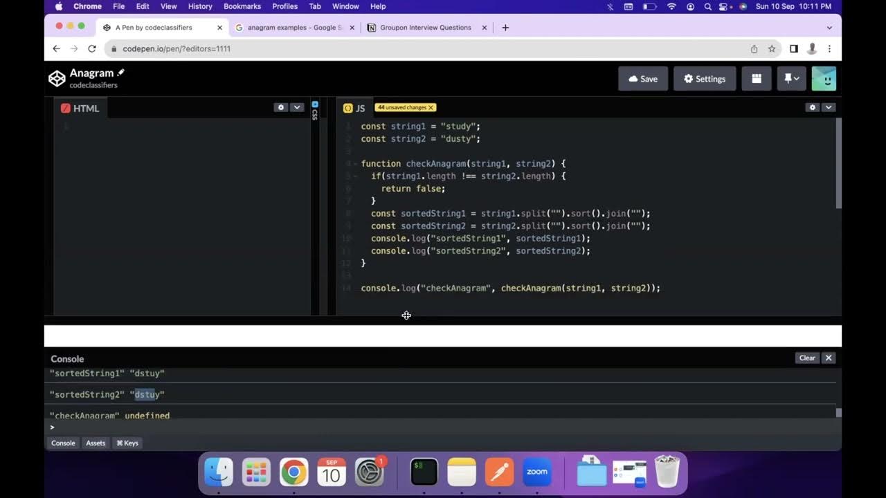 Groupon Interview Question - Check Anagram in Javascript - YouTube
