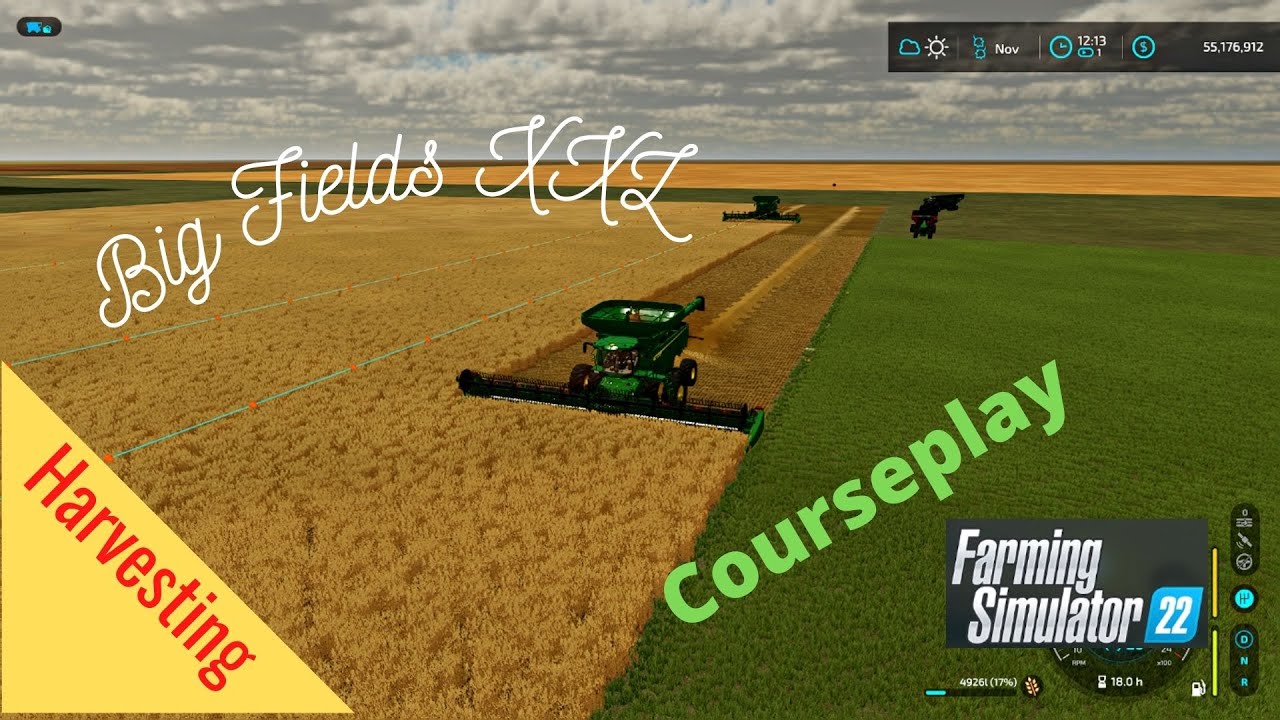 FS22 Big Fields XXL Harvesting Wheat With 2 Harvesters, & Courseplay ...