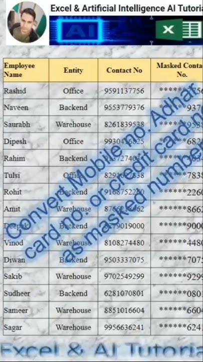#excel mobile &Adhar no. masking or hide by * #exceltips #exceltricks #excelformula - YouTube