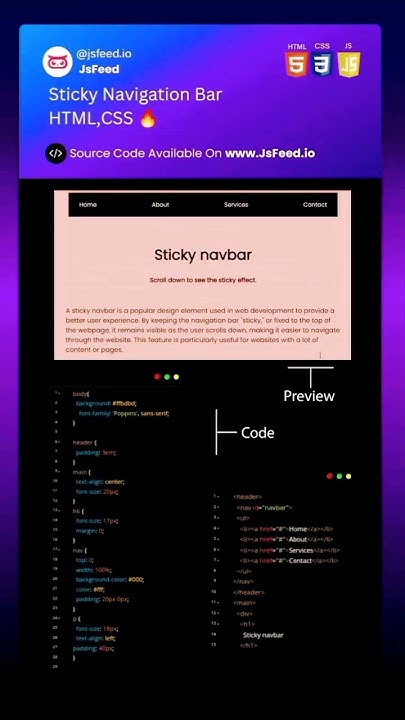 Sticky Navigation Bar Created Using HTML & CSS | JsFeed | #css #code # ...