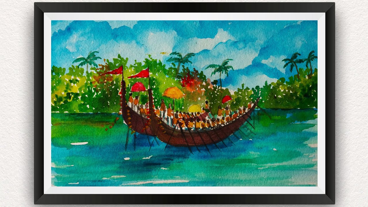 ONAM DRAWING EASY, HOW TO DRAW ONAM FESTIVAL BOAT RACE WATERCOLOR ...