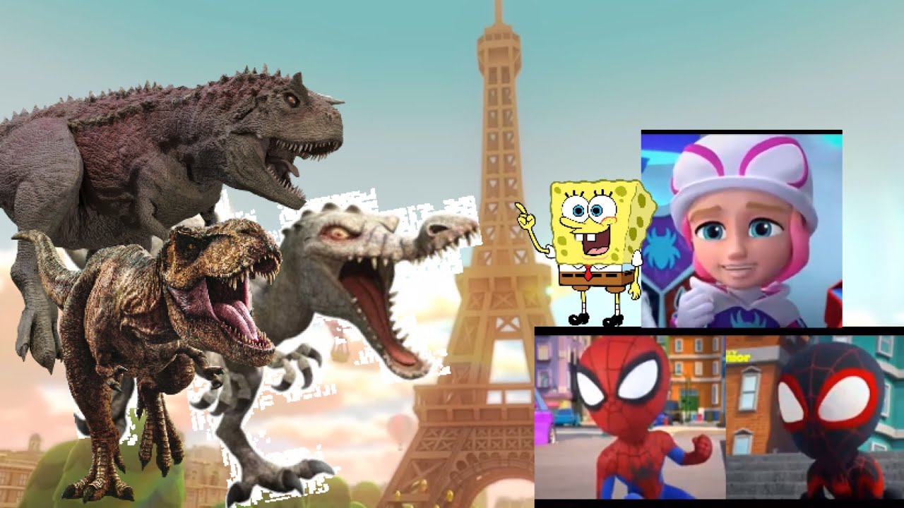 Rexy And Carnotaurus Rudy Vs Spidey 3/Spongebob Attacks - YouTube