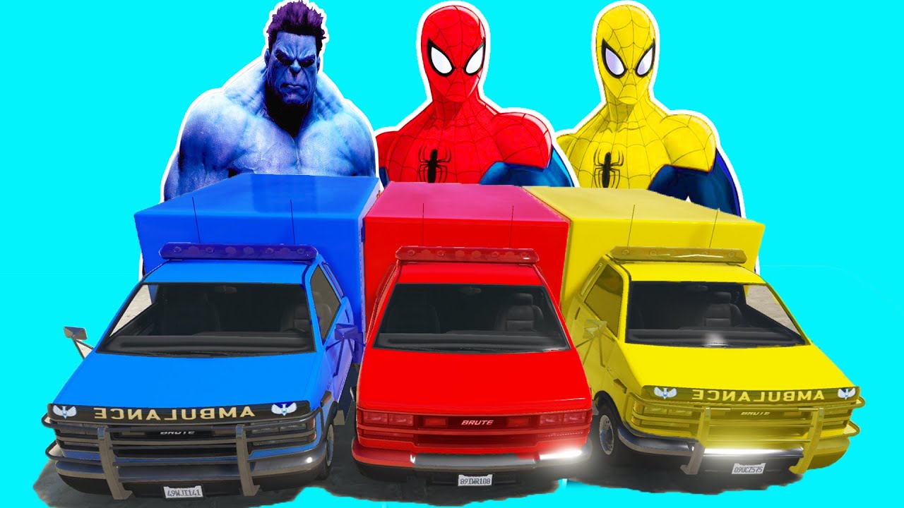 SPIDERMAN COLORS & HULK & Ambulance Cars Fun Cartoon Superhero ...