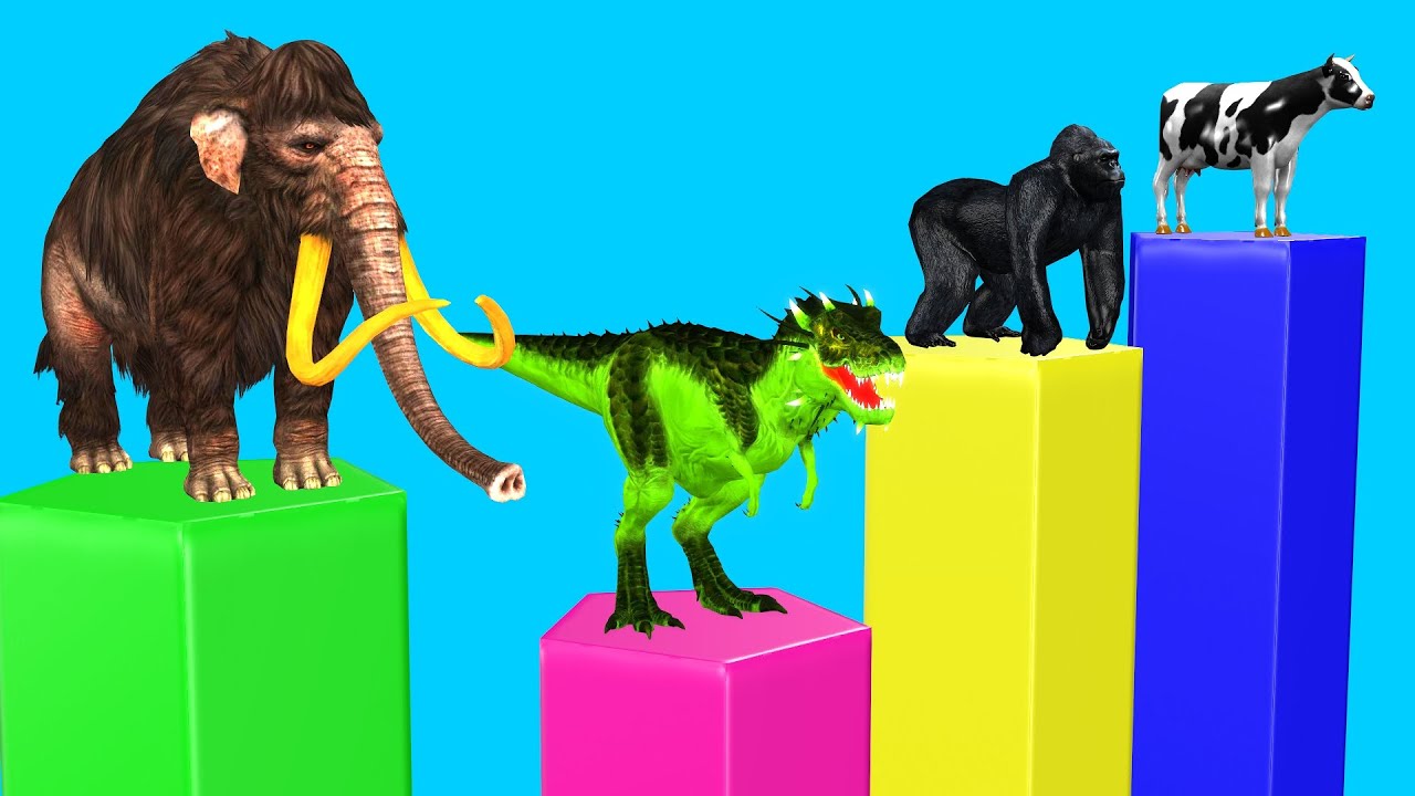 Wild animal running race with cow gorilla dinosaur mammoth elephant ...