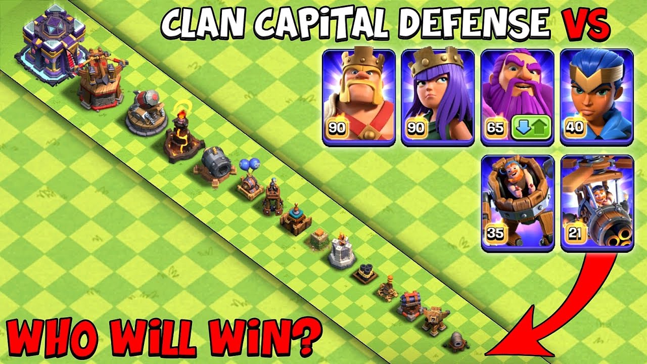 Clan Capital Linear Defense Formation vs All Max Heroes - Clash of ...