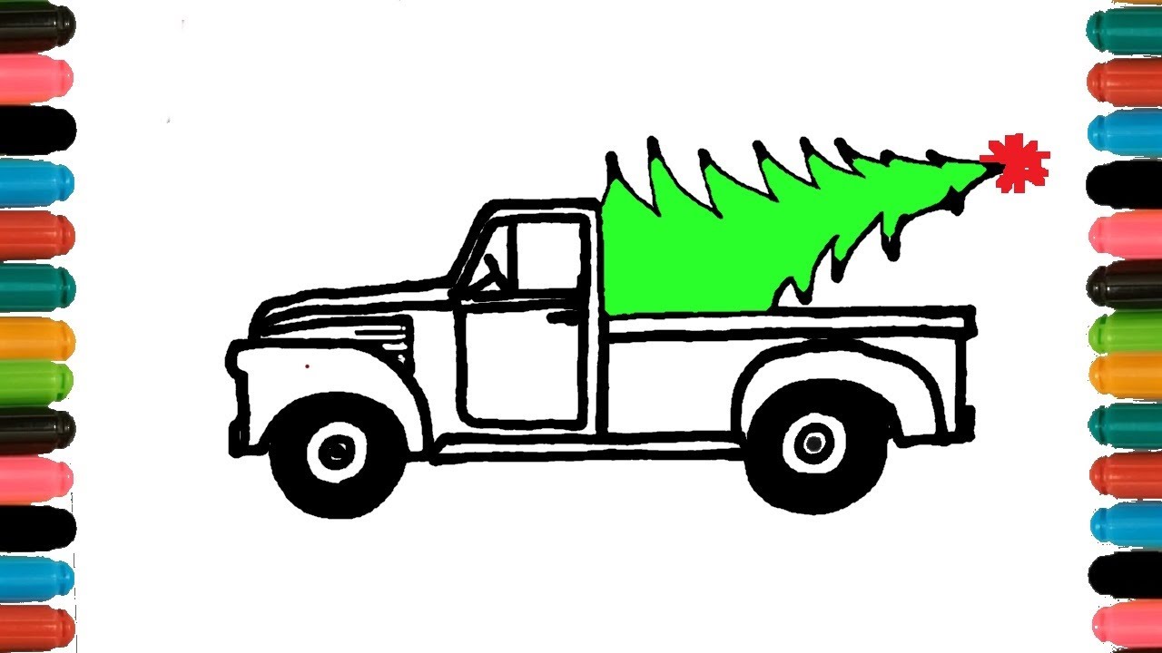 How to draw a PICKUP truck. A pickup truck carries a Christmas tree ...
