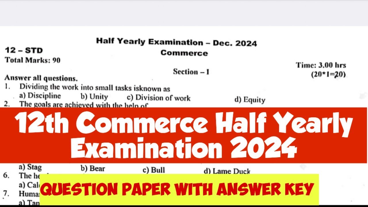 12th Commerce Half yearly examination question paper with answer key ...
