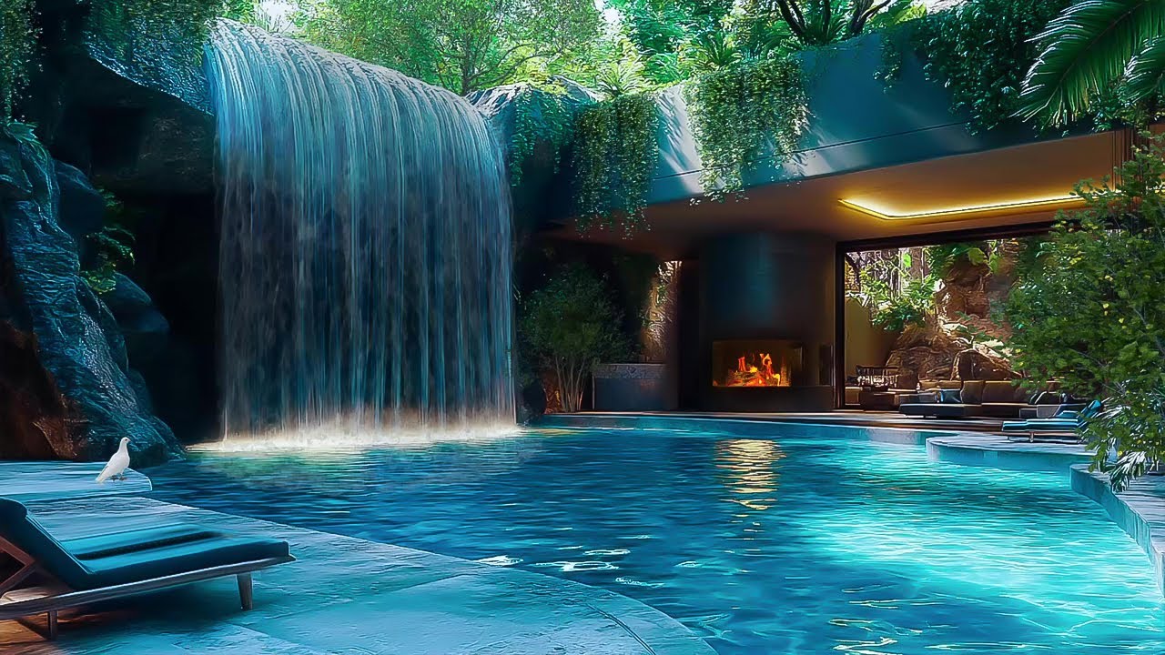 Luxury Forest Villa: Pool, Waterfall, Birds, and Fireplace Sounds for ...