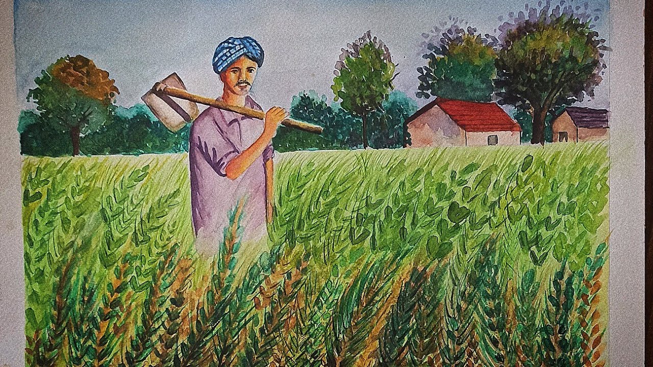Watercolour Landscape Painting/ "THE FARMER" Watercolour wheat field ...