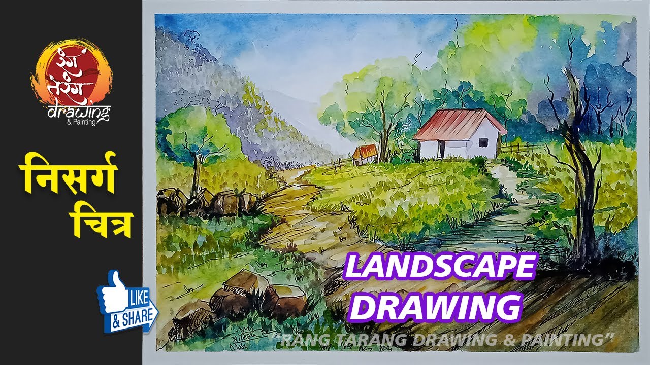 Village Landscape Drawing | Scenery painting | निसर्ग चित्र - YouTube
