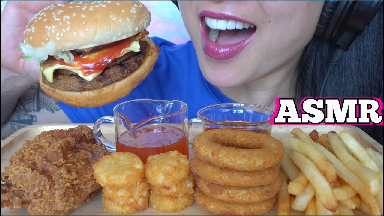 ASMR ULTIMATE FAST FOOD *FRIED CHICKEN + BURGER + ONION RINGS (EATING ...