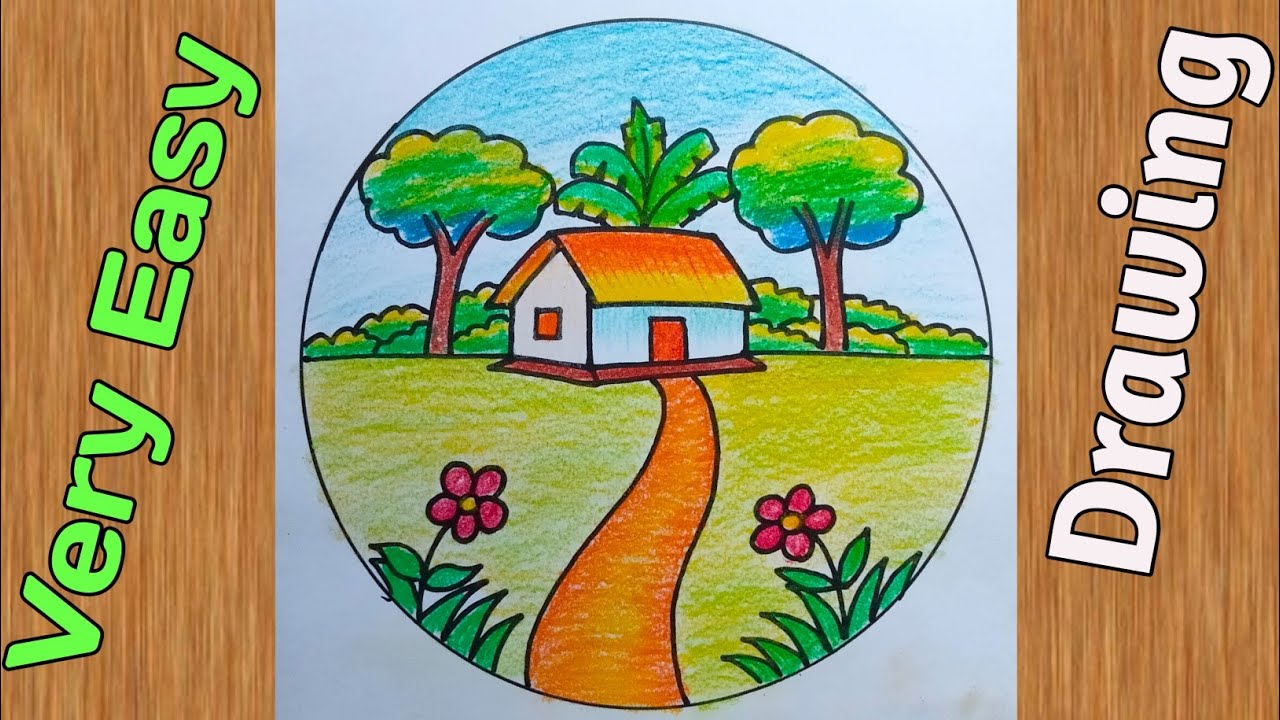 Very Easy House Scenery Drawing || How to Draw Scenery step by step ...