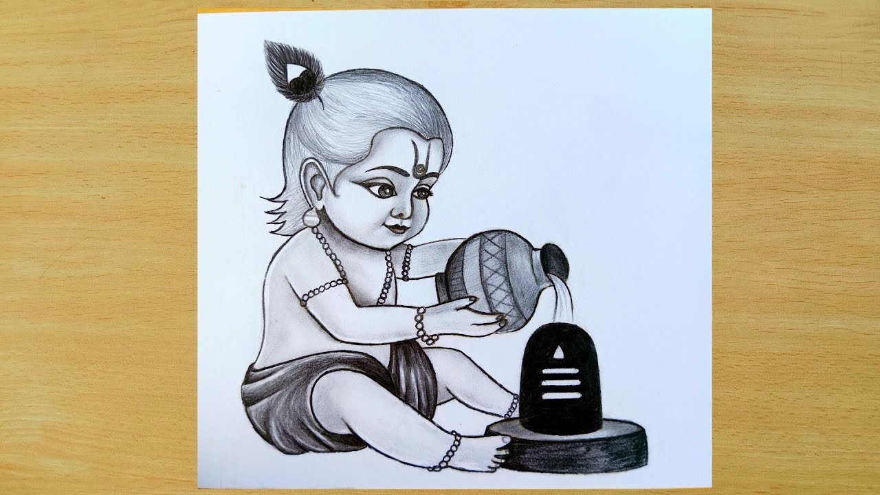 How to draw lord Krishna | Cute little kanha ji drawing | Step by step ...