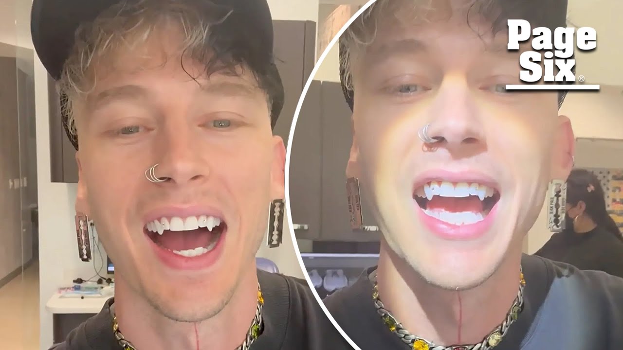 MGK debuts fangs, jokes he ‘might need ‘em sharpened’ - YouTube