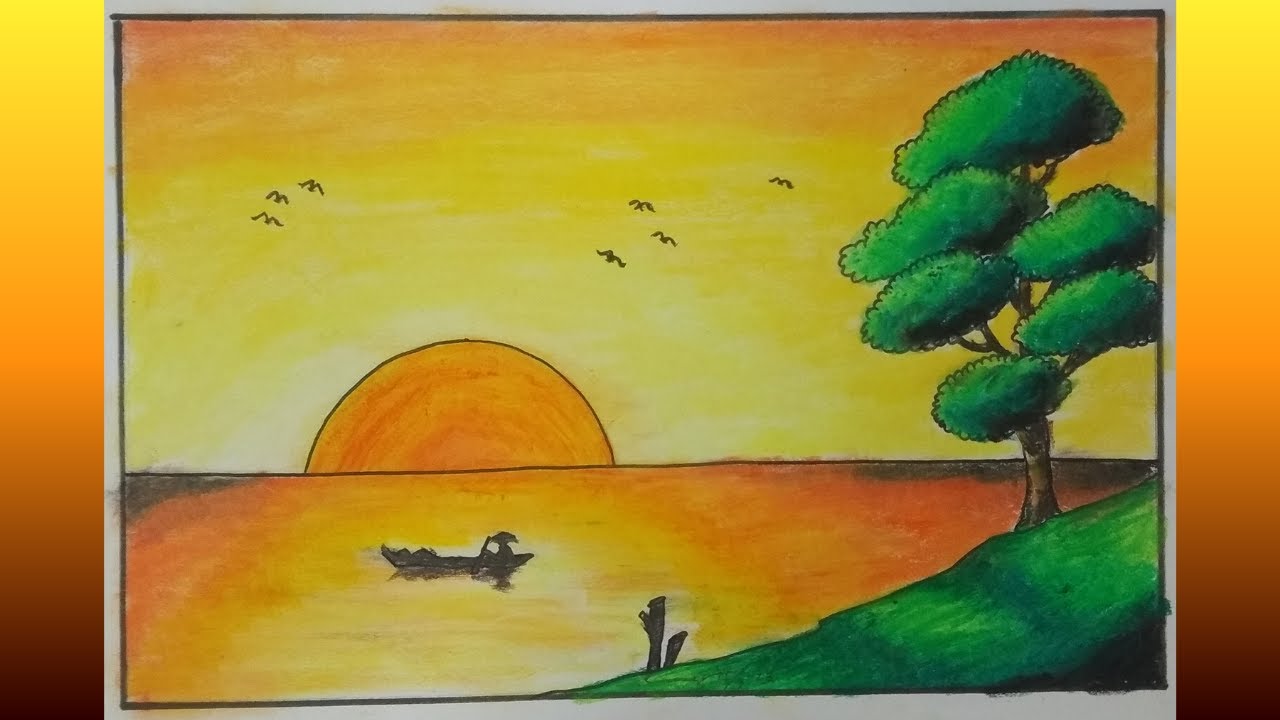 Cara Mudah Menggambar Pemandangan Sunset || Menggambar Pemandangan ...