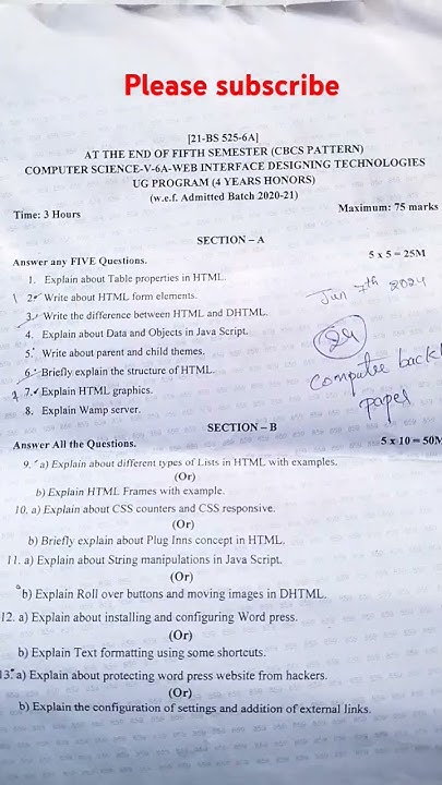 AKNU bsc 3rd year 5th sem computer 6A web interface designing technologies question paper2024# ...