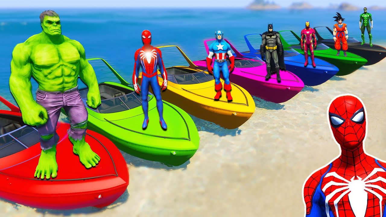 SPIDER-MAN with SUPERHEROES BOATS Racing Challenge At The Beach Rampa ...