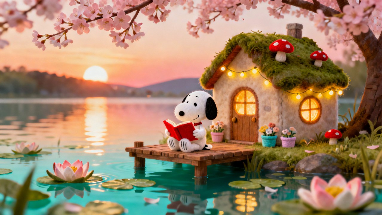 Snoopy Peaceful Spring Lake Sunset 🌸 Relaxing Jazzy Lofi for Chill ...
